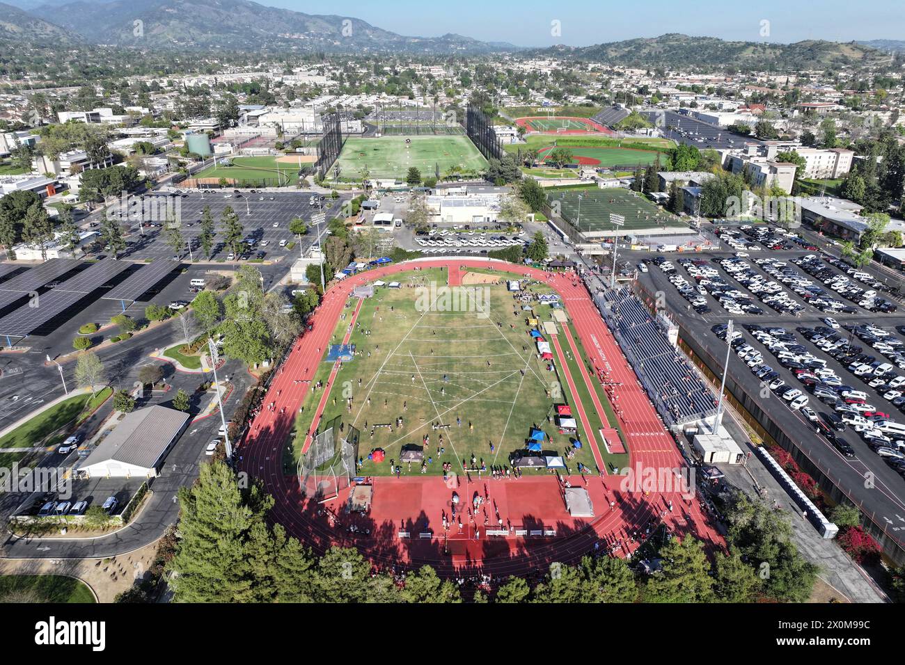 A general overall aerial view of Cougar Stadium on the campus of Azusa ...
