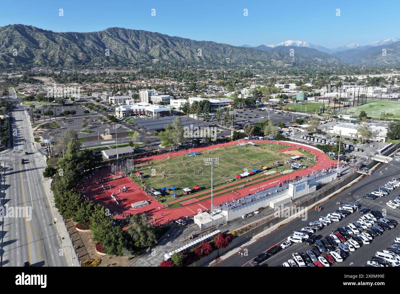 A general overall aerial view of Cougar Stadium on the campus of Azusa ...