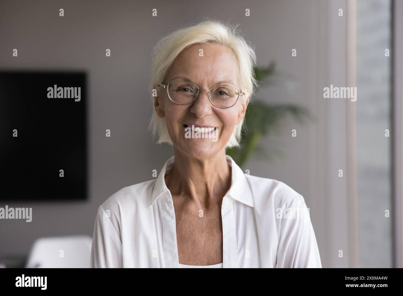 Smiling middle aged female manager posing in office Stock Photo - Alamy