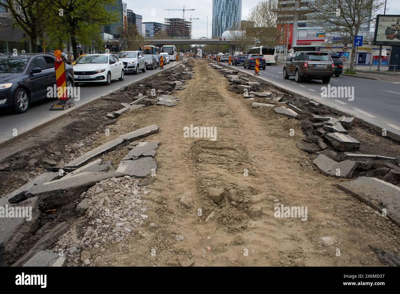Bucharest, Romania - April 04, 2024: Reconstruction site of the tram ...