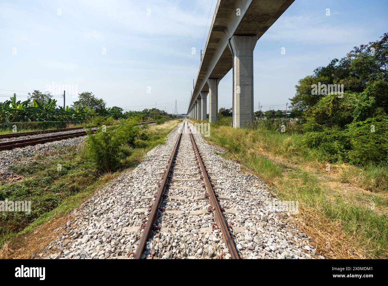 A traditional railway track lined with gravel ballast running parallel ...