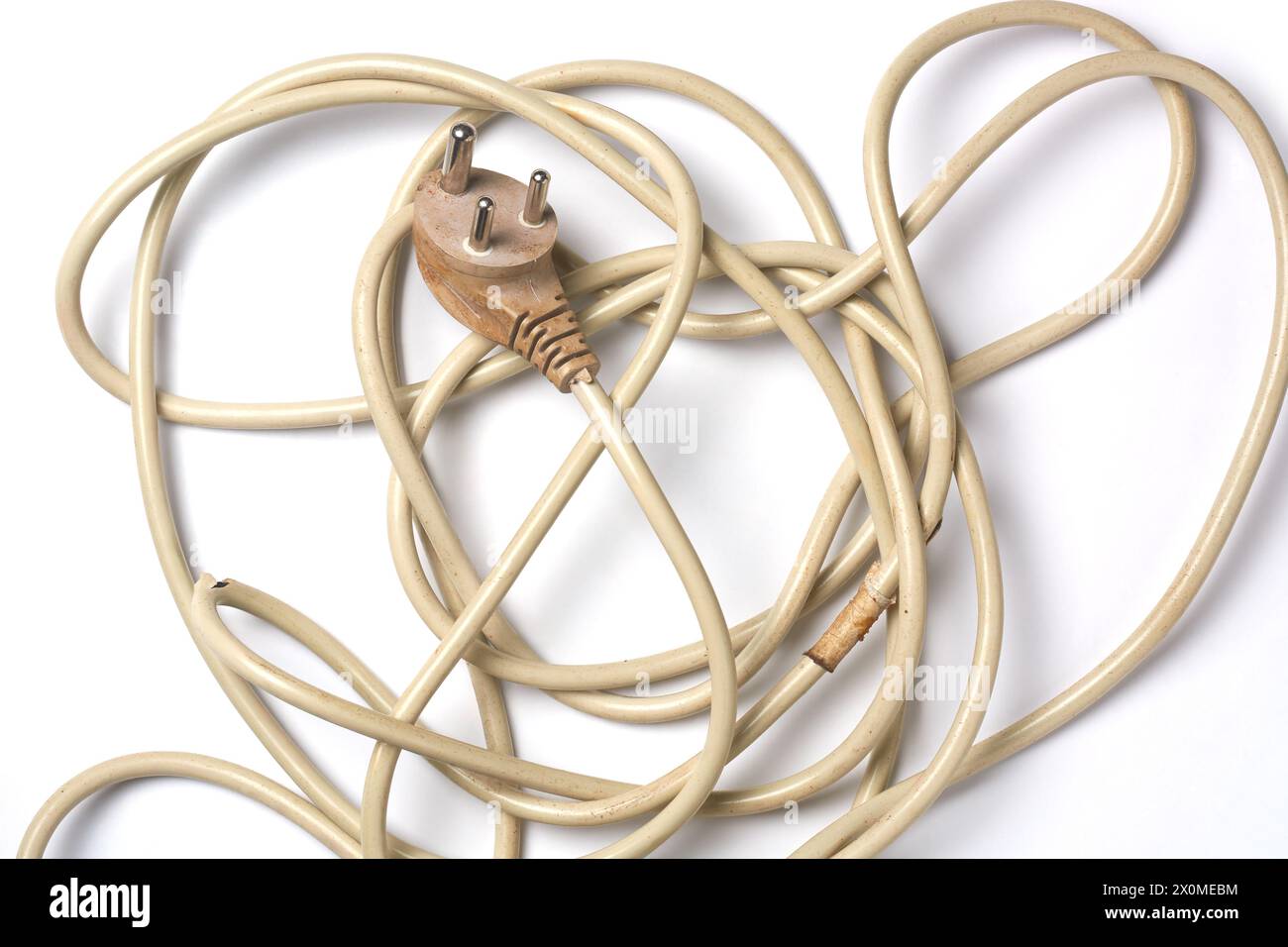 tangled wire cord with power plug isolated white background, twisted ...