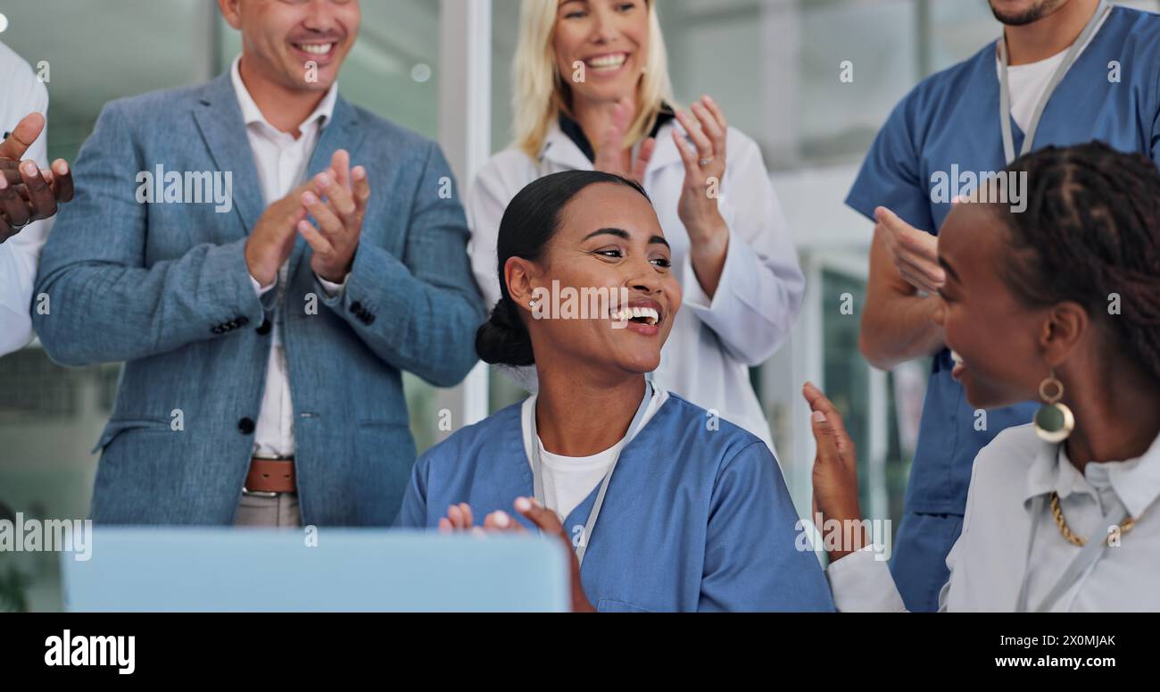 Healthcare, people and happy with celebration in hospital for promotion ...