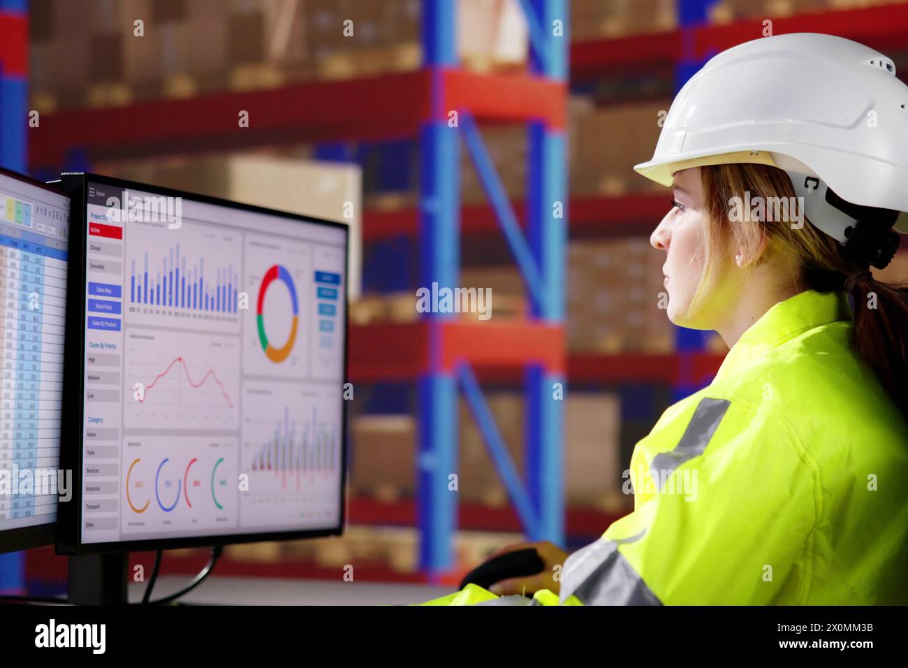 Office staff monitoring warehouse operations on computer screen Stock ...