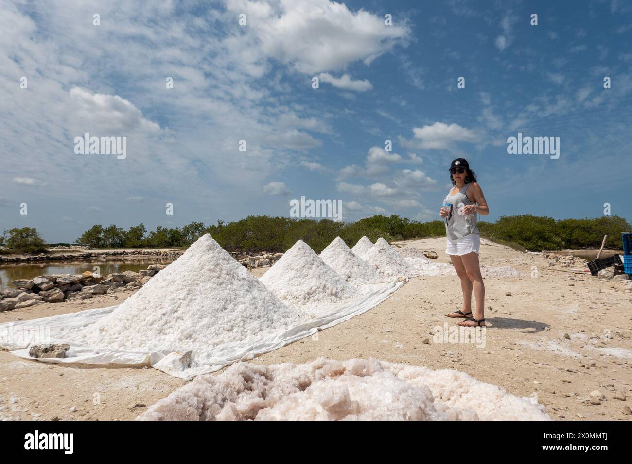 Progreso, Mexico. 18th Mar, 2024. A visitor stands beside piles of salt ...