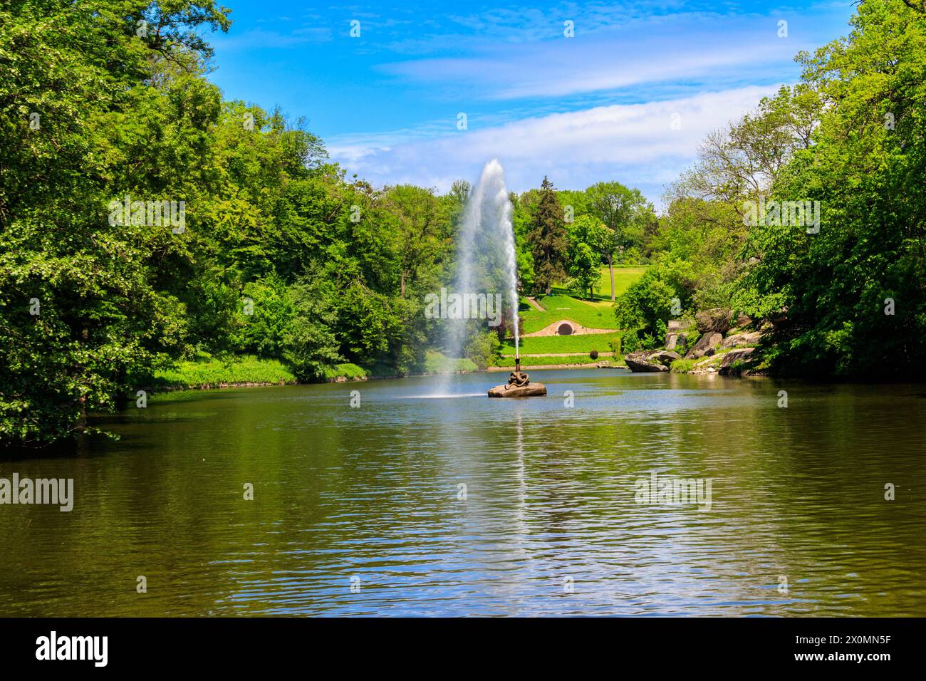 View of a lake with Snake Fountain in Sofiyivka park in Uman, Ukraine ...