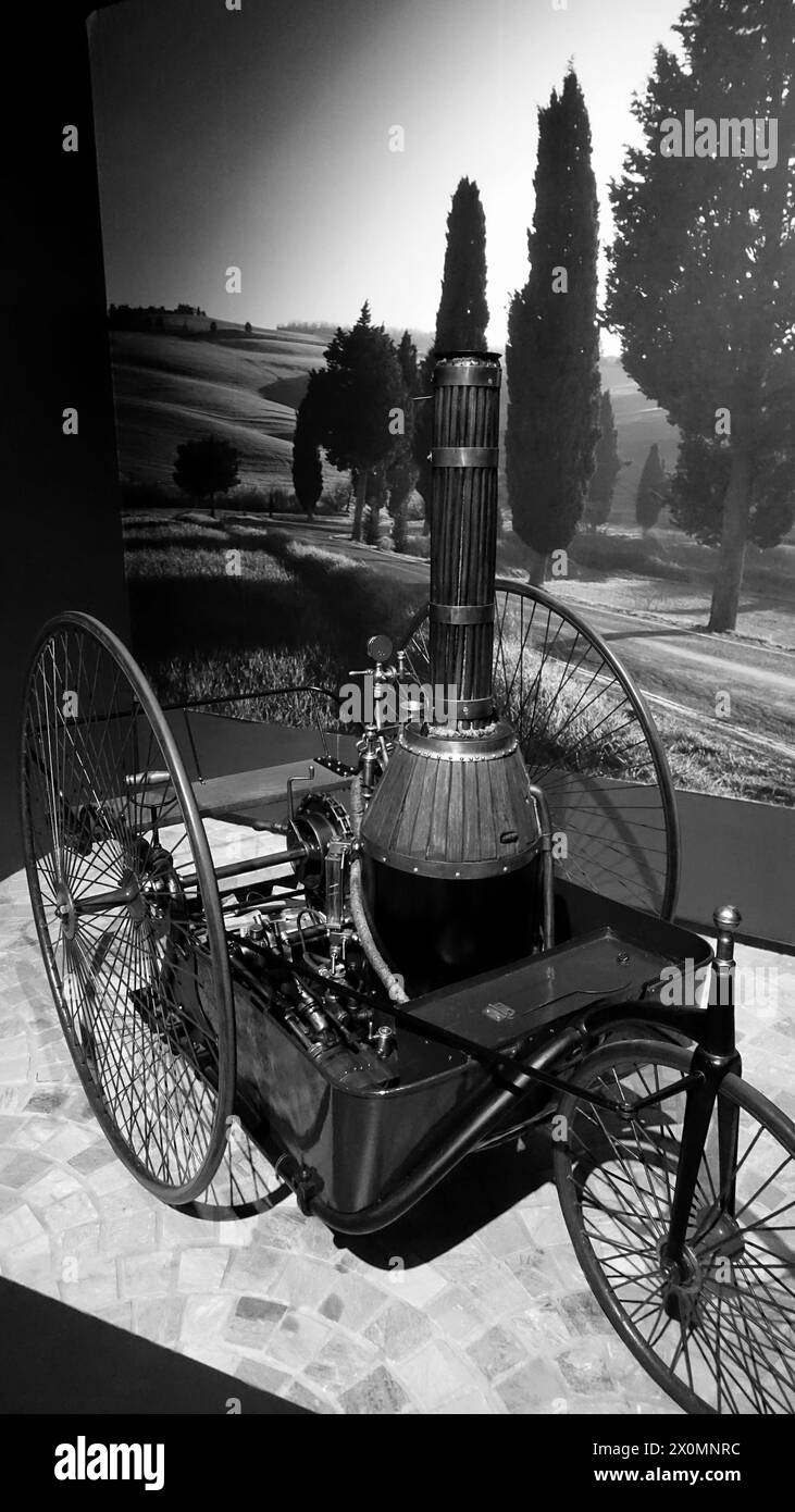 Turin, Italy - June 20, 2021: a view of an antique three-wheeled steam ...
