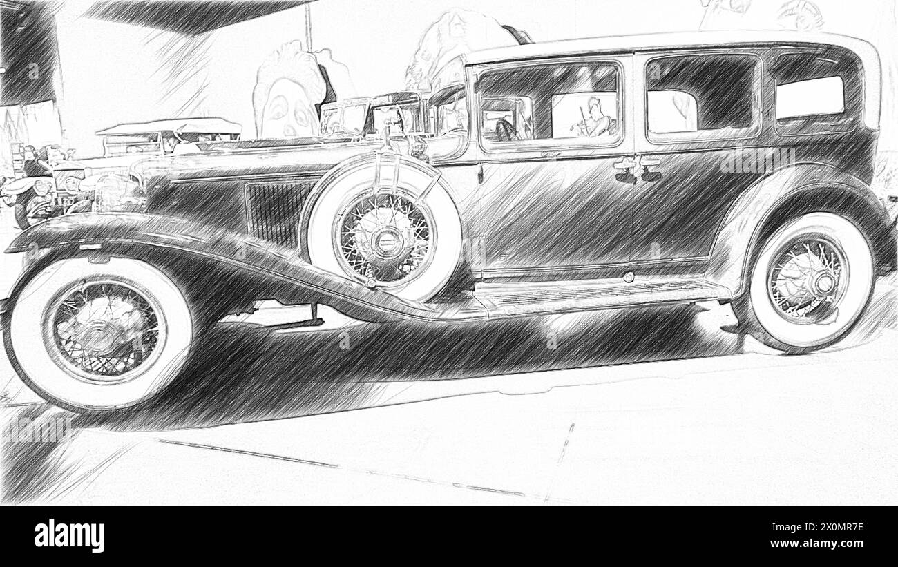 Black and white sketch of the side of an antique automobile Stock Photo ...