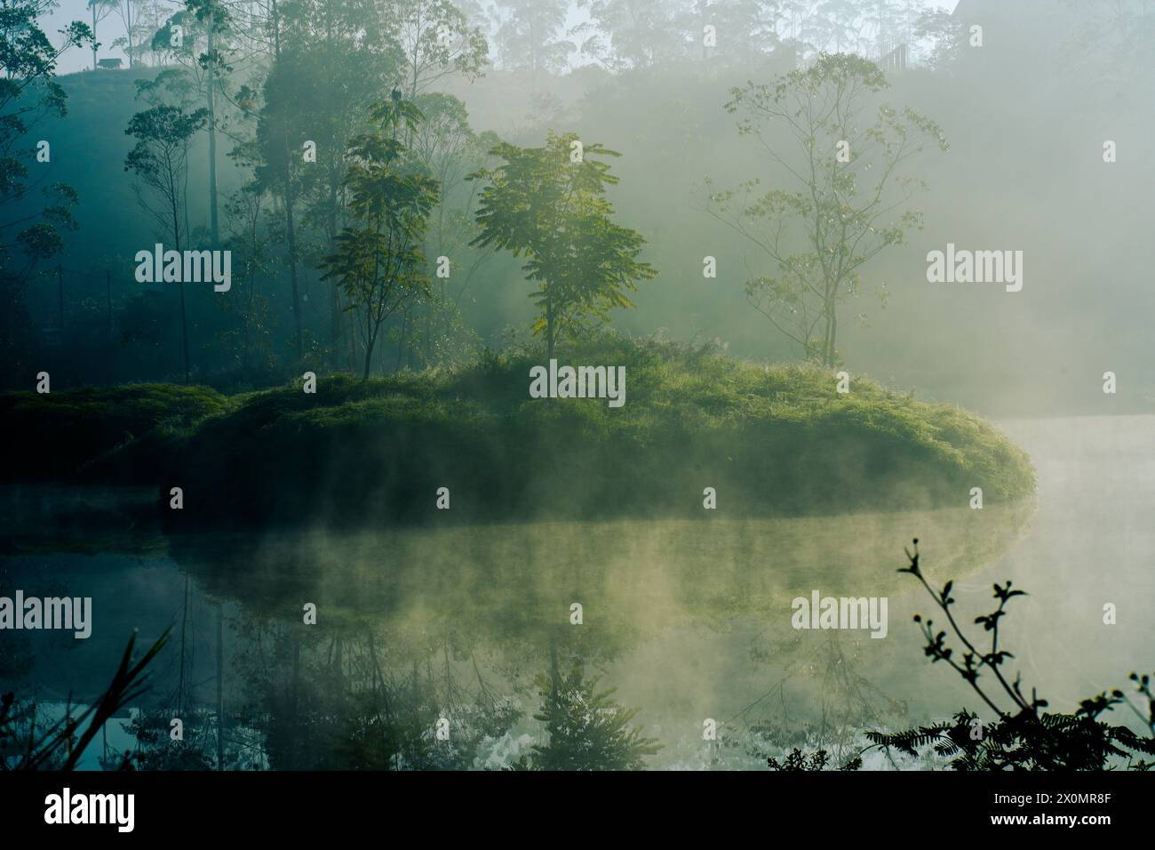 Early morning fog rising above calm lake in the White Mountains in sri ...