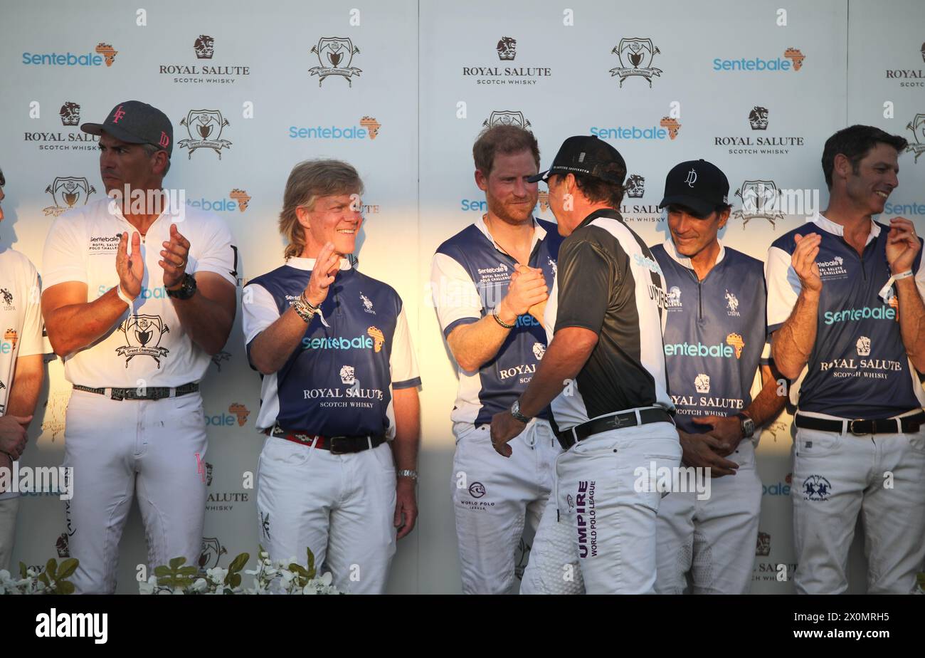 The Duke of Sussex during the awards ceremony after he played in a polo match during the Royal ...