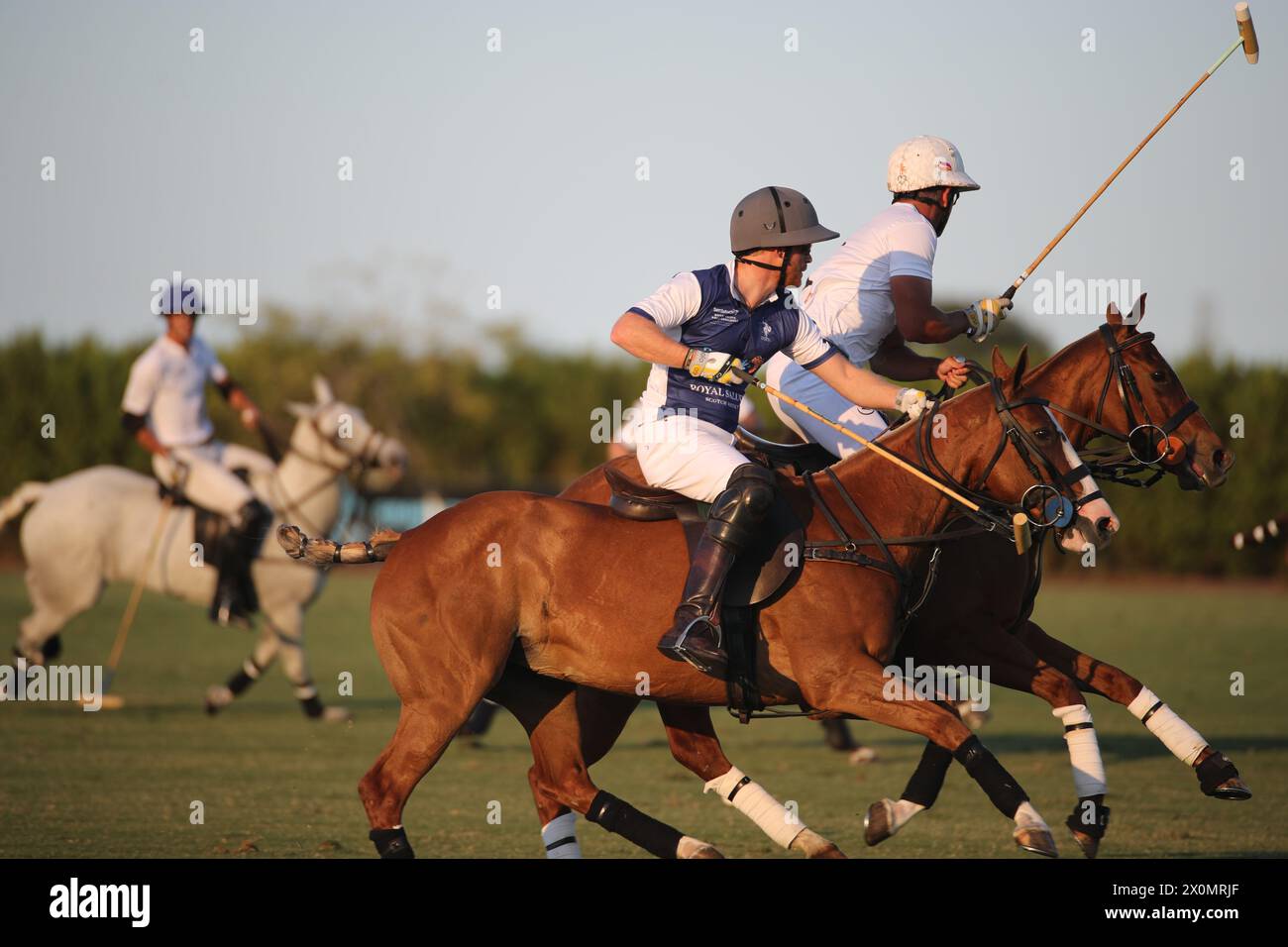The Duke of Sussex plays in a polo match during the Royal Salute Polo Challenge, to benefit ...