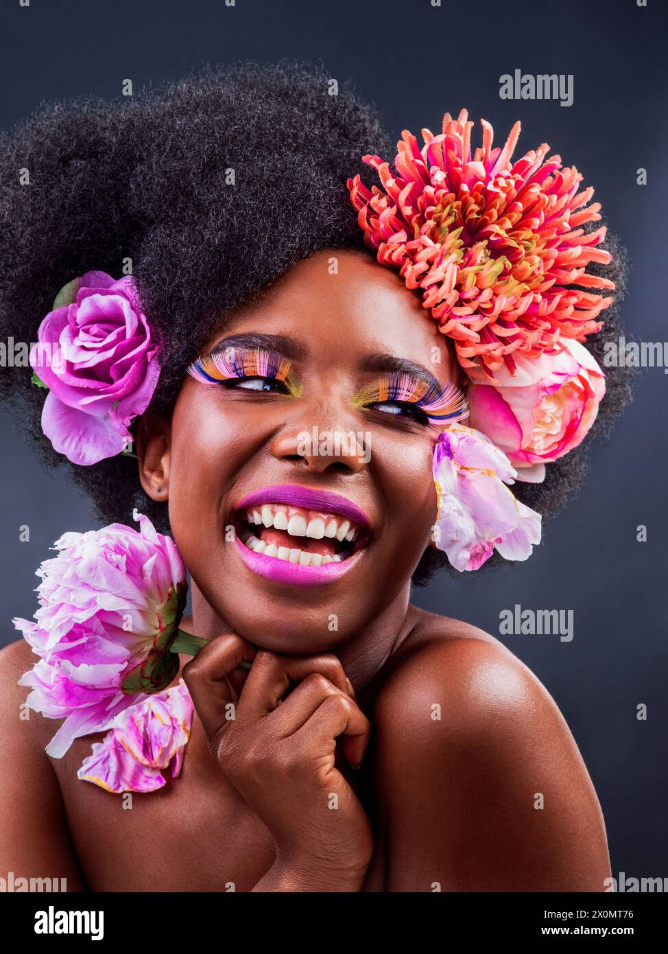 Black girl, afro or flowers of organic, beauty or hair care of happy ...
