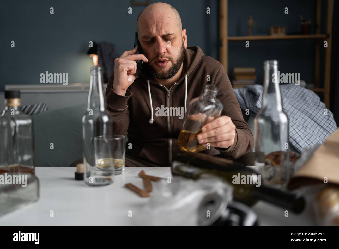 Alcoholism, addiction and people concept. Drunk man alcoholic calling ...