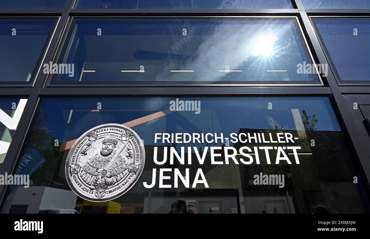 12 April 2024, Thuringia, Jena: A motif of the university seal and the ...
