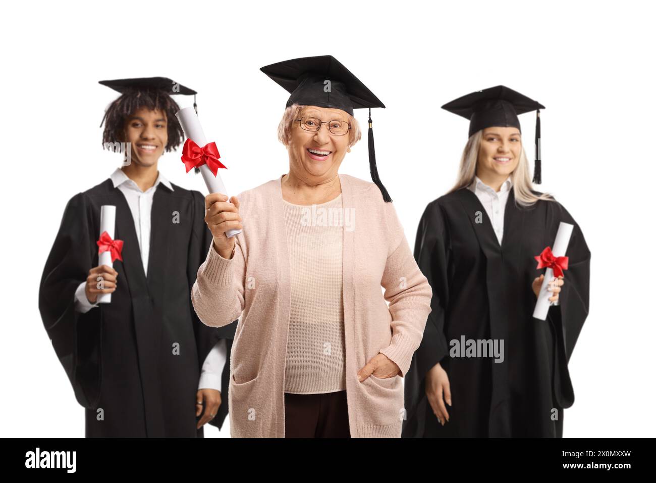 Graduation students and a mature woman holding certificates isolated on ...