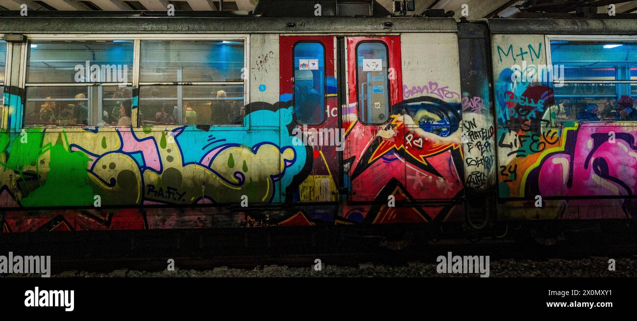 Painted train in Garibaldi Railway Station, Naples, Italy Stock Photo ...