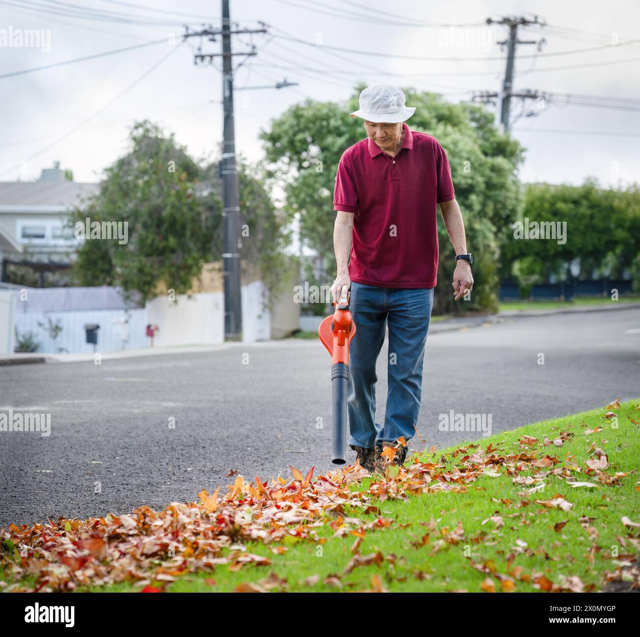 Man blowing leaves hi-res stock photography and images - Alamy