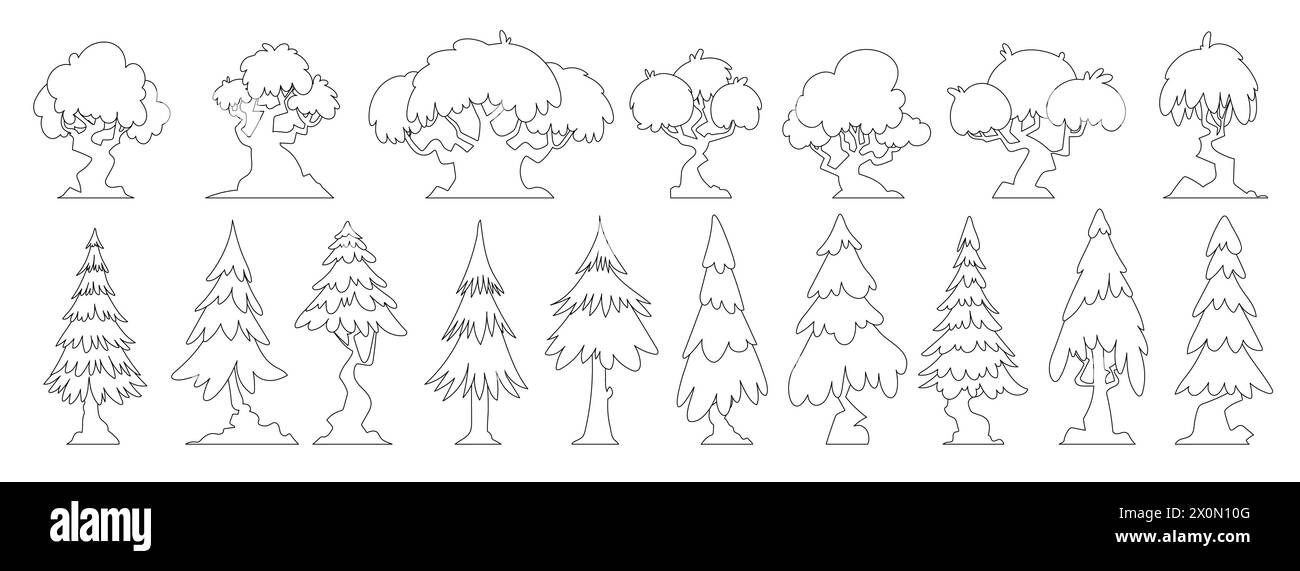 Set of forest trees of various interesting shapes, icons of sow, spruce ...