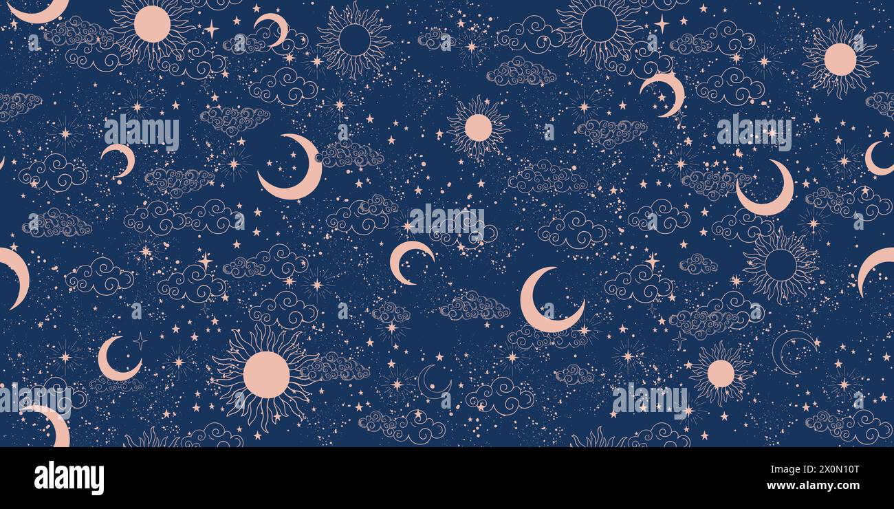 Seamless celestial pattern with sun, moon and stars, mystical ...