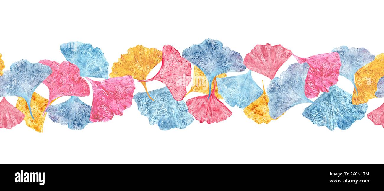 Seamless border with leaf imprints. Blue, pink, golden biloba leaves ...