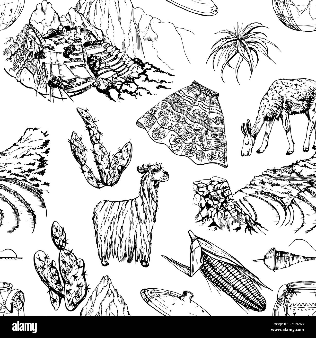 Hand drawn ink vector illustration, Peru symbols landscapes alpaca ...