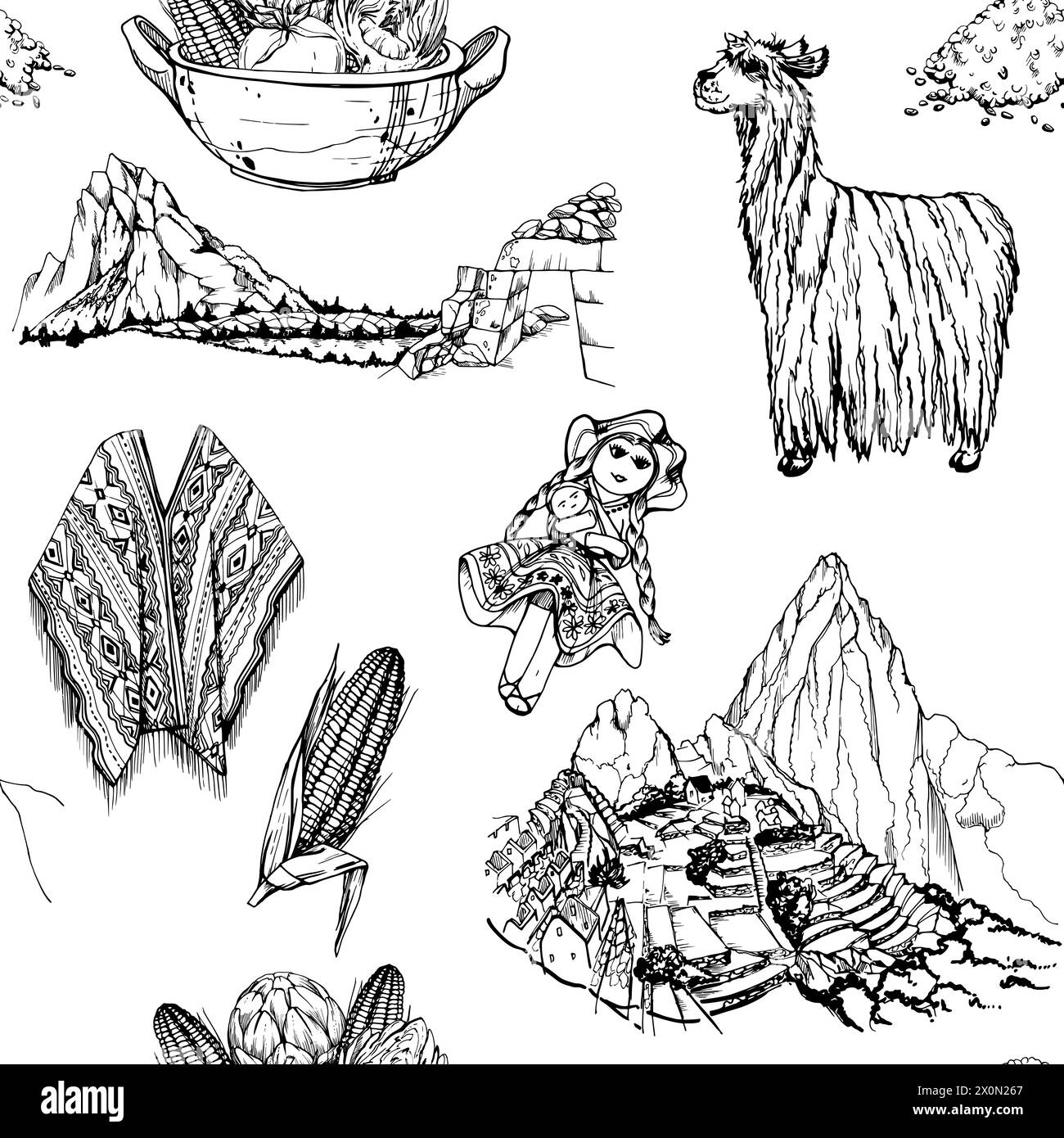 Hand drawn ink vector illustration, Peru symbols landscapes alpaca doll ...