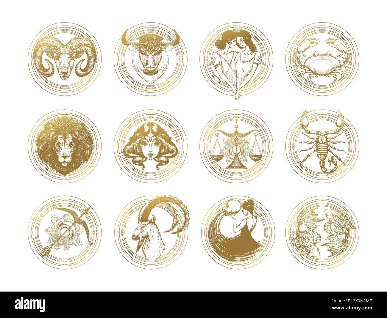 Set of golden astrological zodiac signs. Hand drawing Aries, Taurus ...