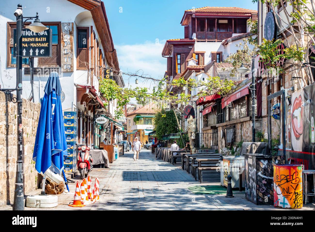 Grape vines grow across the street in a street scene in the old town of ...