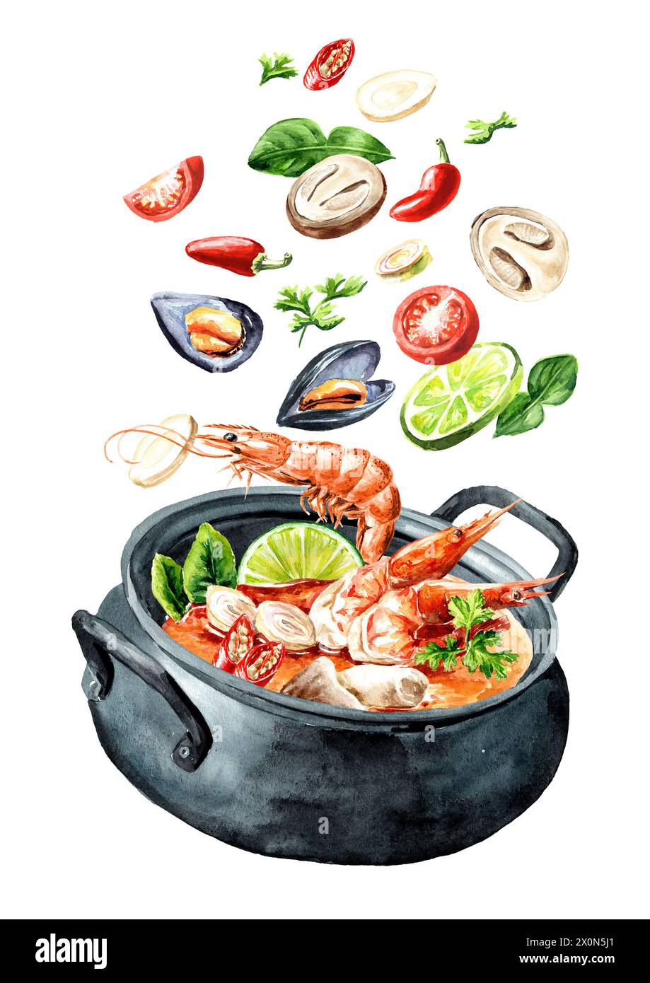 Asian soup Tom Yum with ingredients, falling into the cooking pan. Hand ...