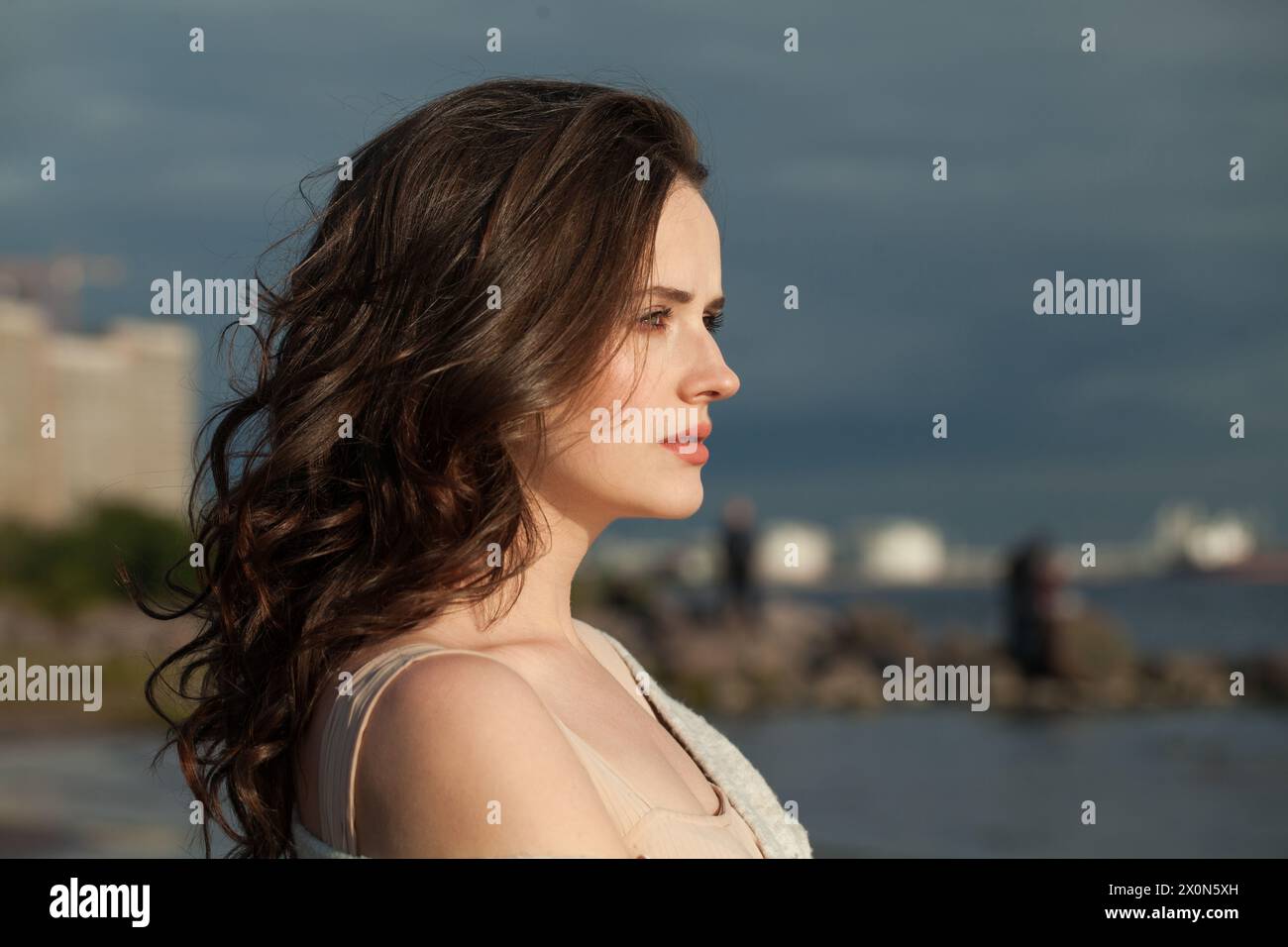 Glamorous brunette woman with fresh skin, natural make-up and healthy ...