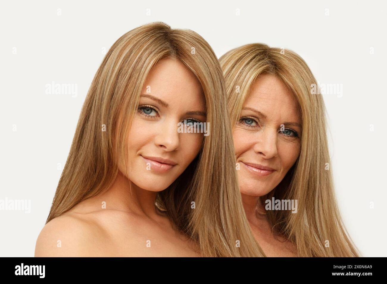 Blonde models. Young and old woman on white background. Aging ...