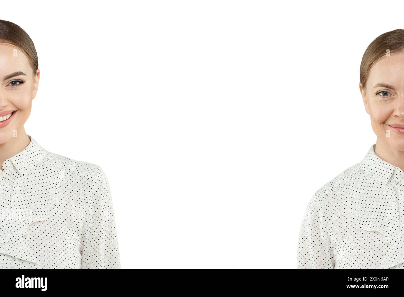 Charming casual models. Young and old woman on white background. Aging ...