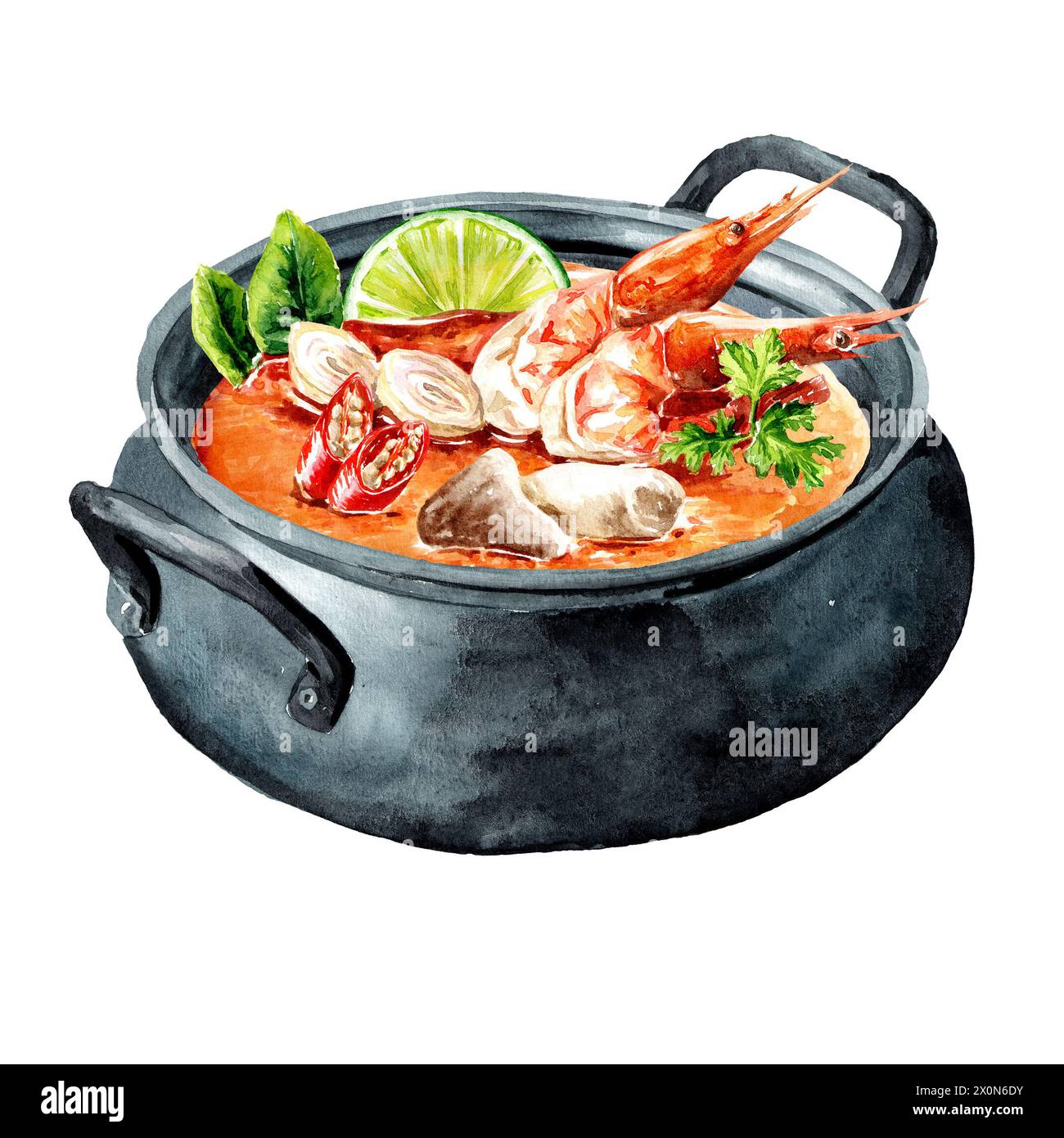 Pan of Asian soup Tom Yum with seafood. Hand drawn watercolor ...