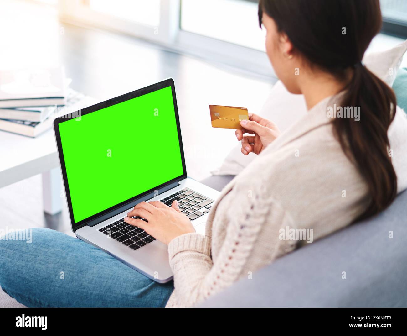 Credit card, green screen or girl on laptop in home for ecommerce sale ...