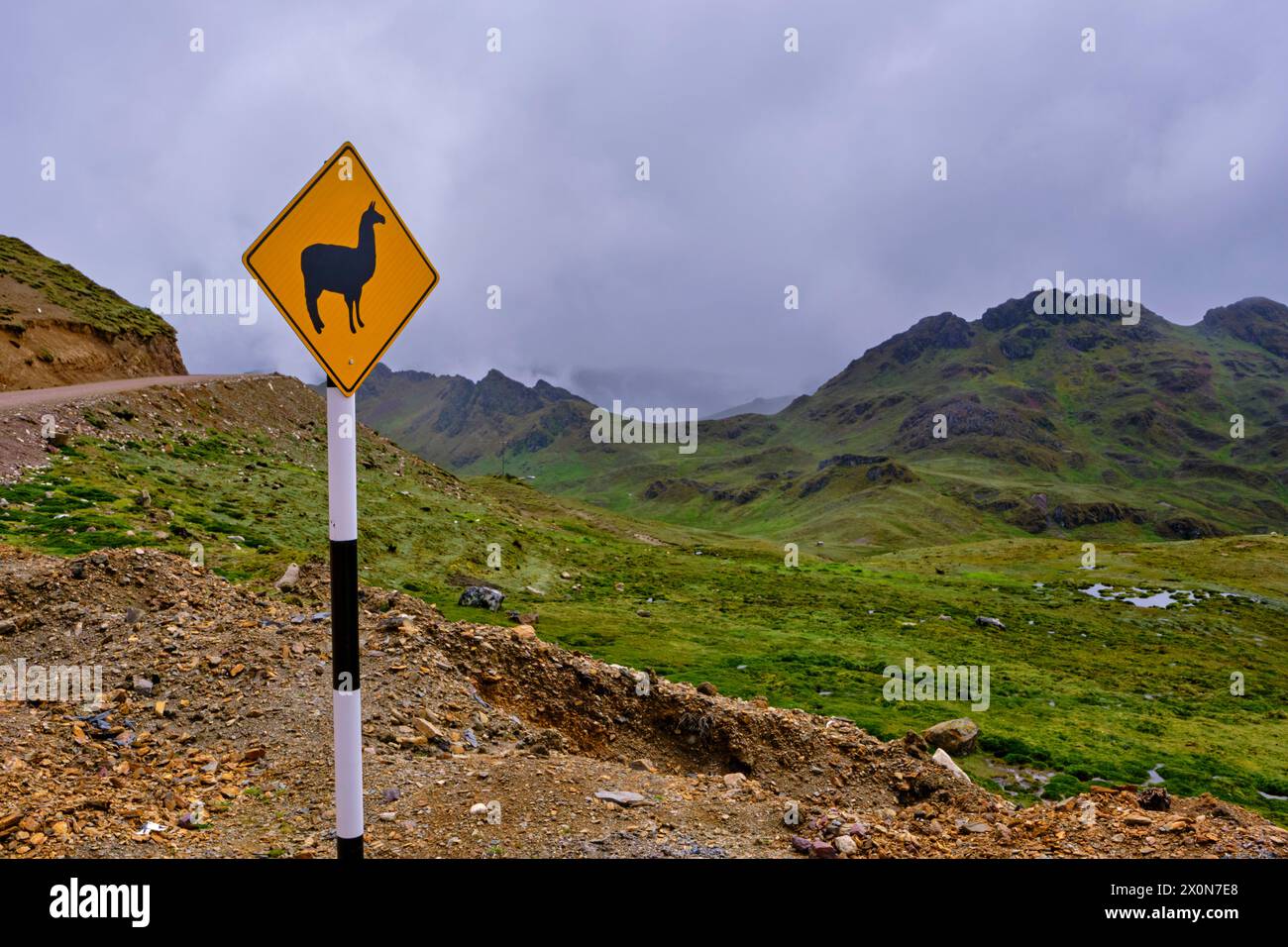 Peru, province of Cuzco, Sacred Valley of the Incas, road sign with a ...