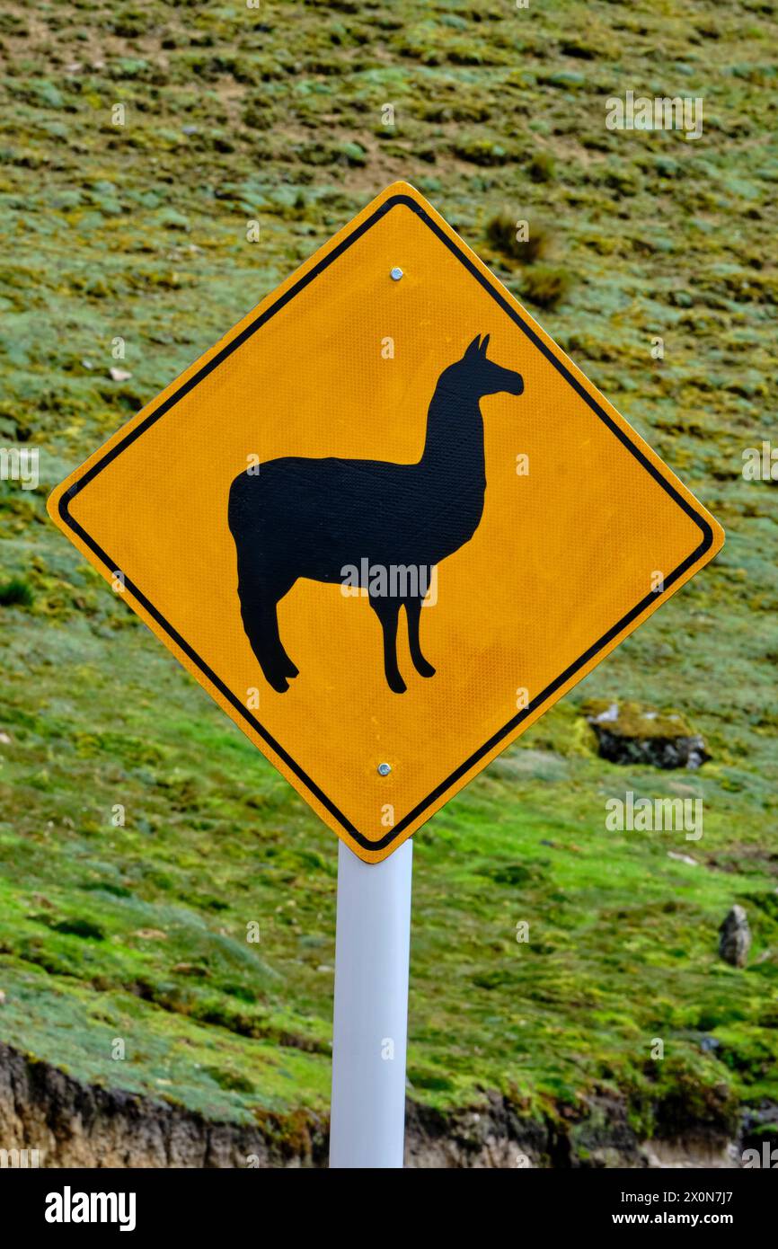 Peru, province of Cuzco, Sacred Valley of the Incas, road sign with a ...
