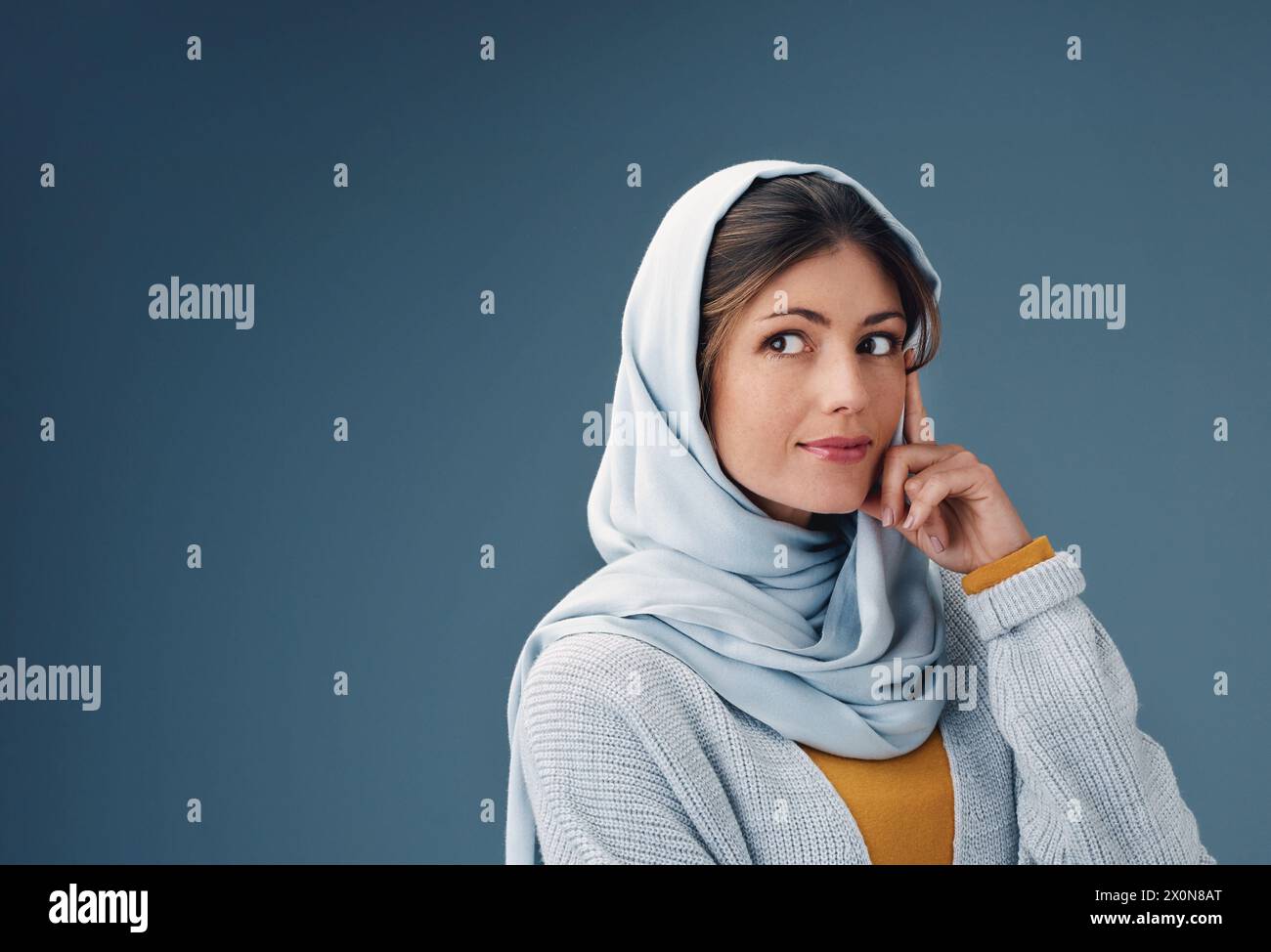 Woman, studio and thinking in hijab with hands for vision with ...