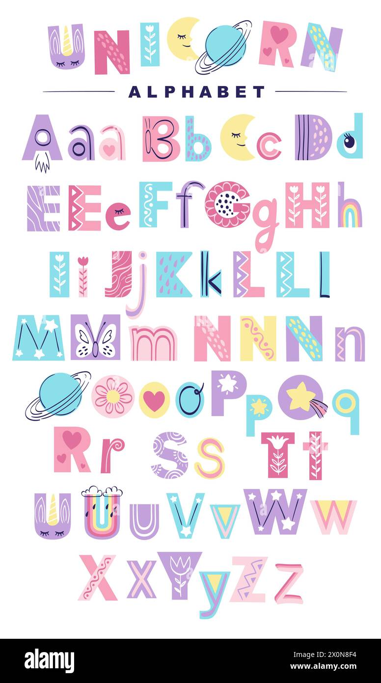 English alphabet of Pastel colors for kids. Doodle font for nursery ...