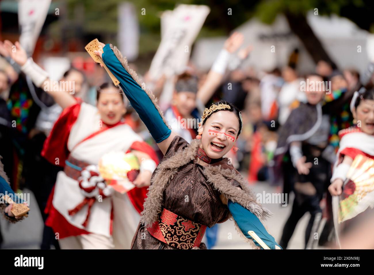 Kyoto, Japan - March 31 2024 : Kyoto Sakura Yosakoi ( Sakuyosa ) festival. Dancers dancing down ...