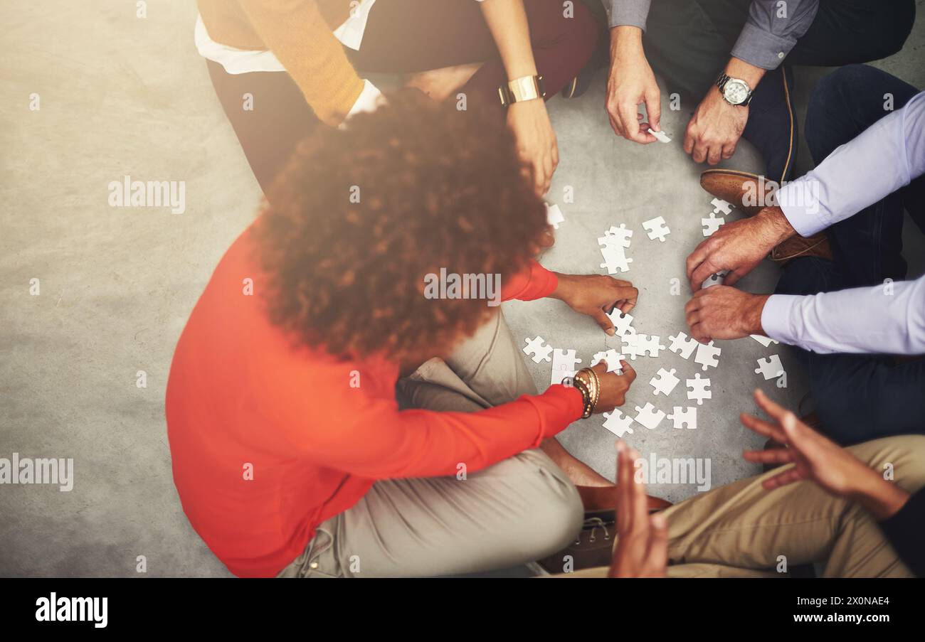 Puzzle, love and family hands in home on weekend for bonding together ...