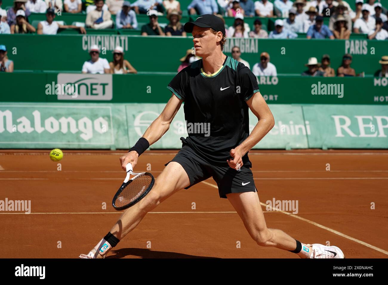 MONTE-CARLO, MONACO - APRIL 12: Jannik Sinner of Italy against Holger Rune of Denmark in their ...