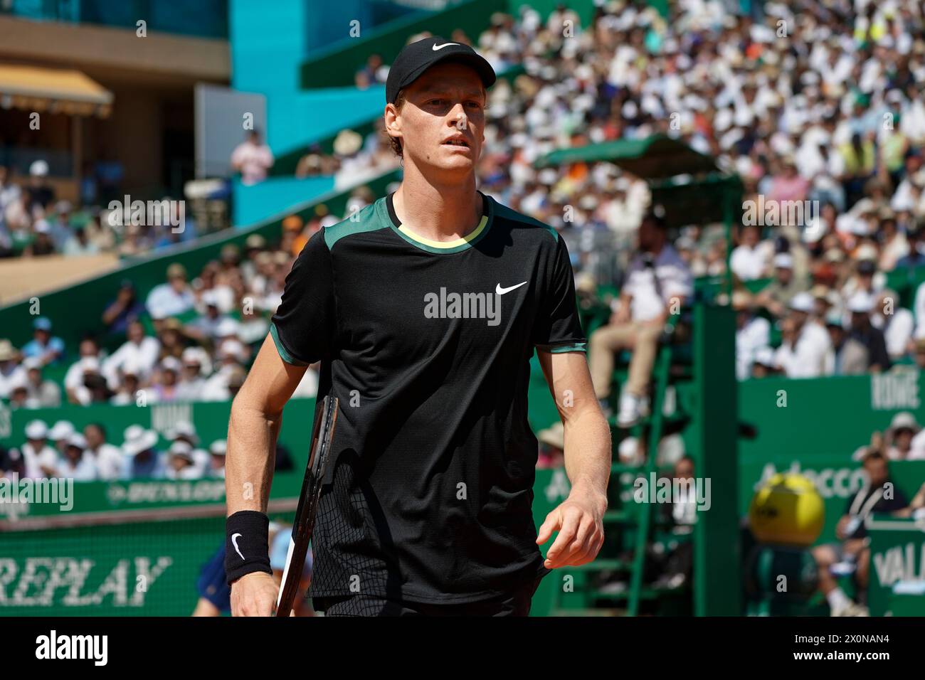 MONTE-CARLO, MONACO - APRIL 12: Jannik Sinner of Italy against Holger Rune of Denmark in their ...