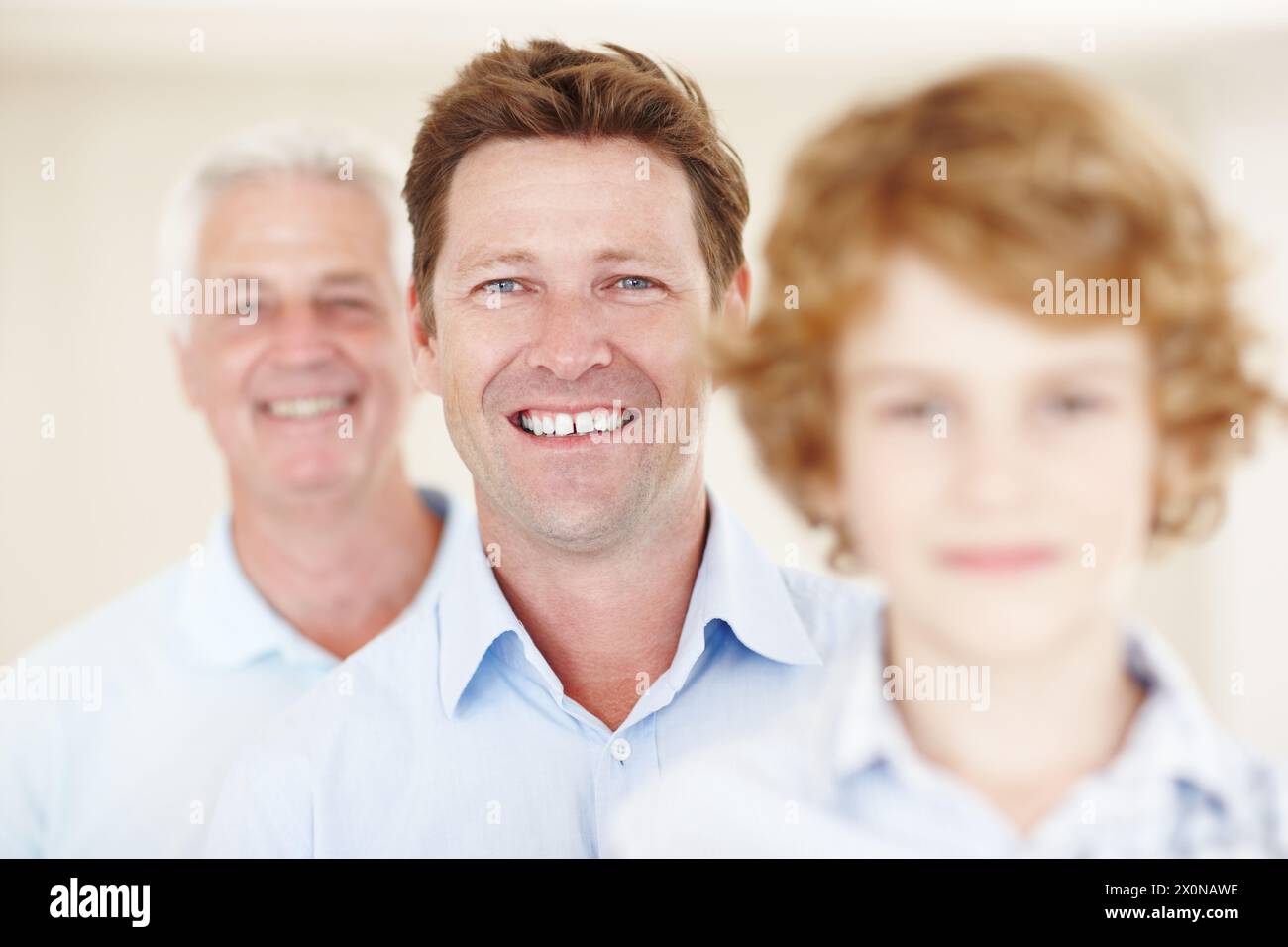 Row, father and grandfather or son portrait with smile for bonding ...