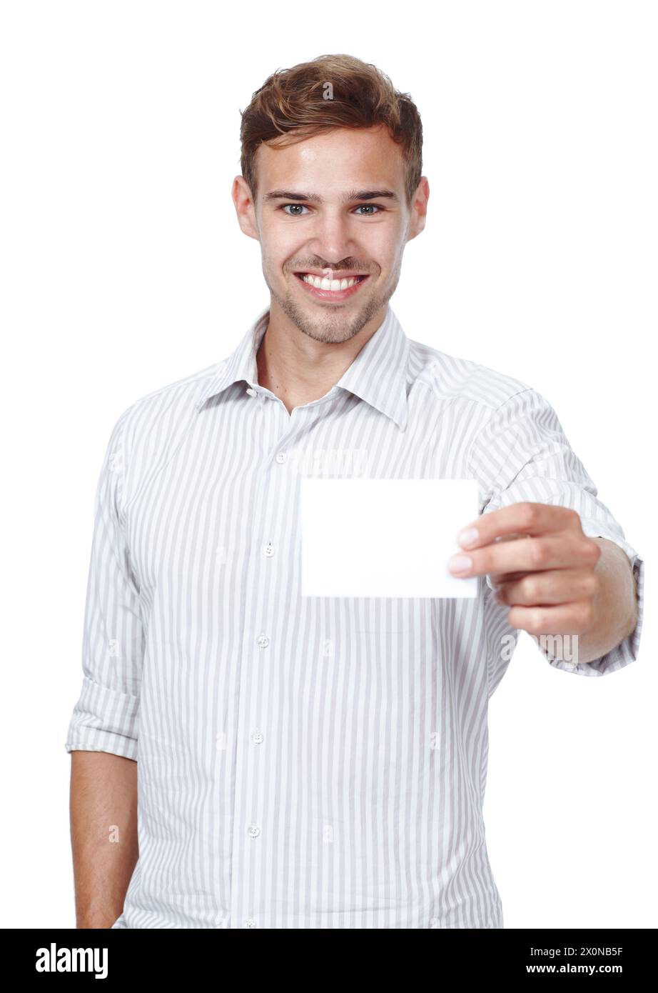 Studio, blank card and portrait of man with mockup, introduction and ...