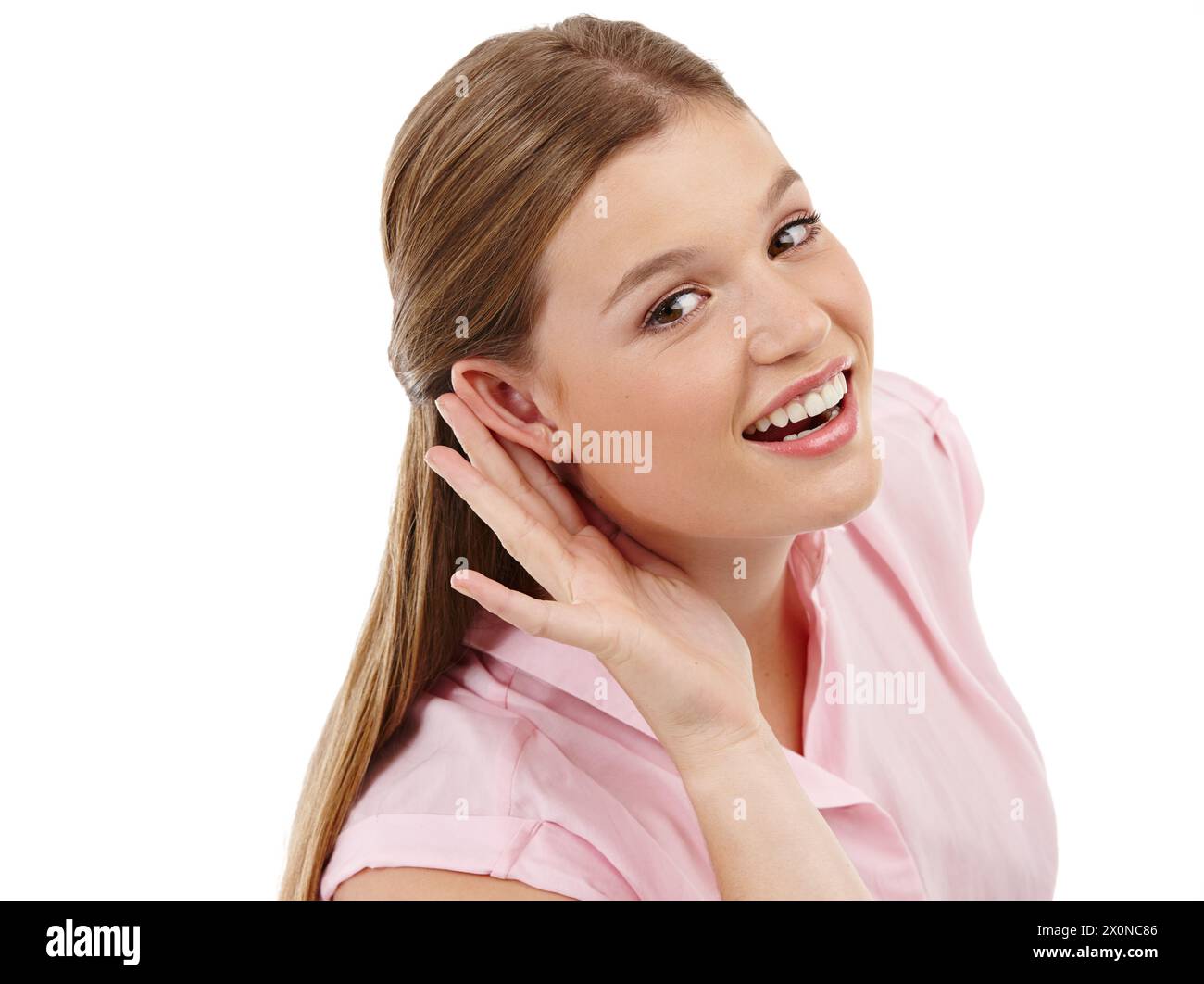 Woman cupping ear hi-res stock photography and images - Alamy