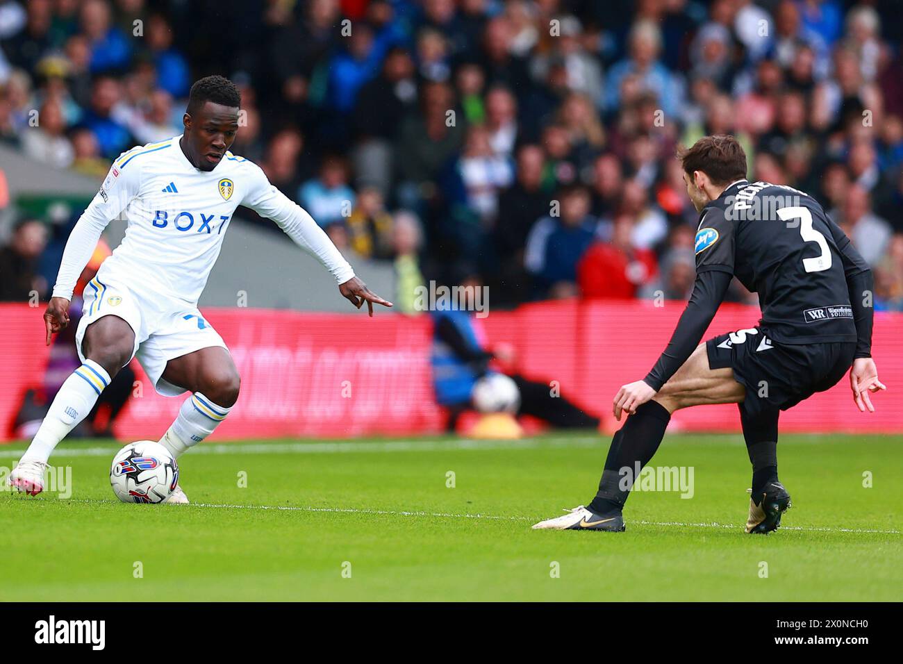 Leeds, UK. 13th Apr, 2024. Wilfried Gnonto of Leeds United looks to get ...