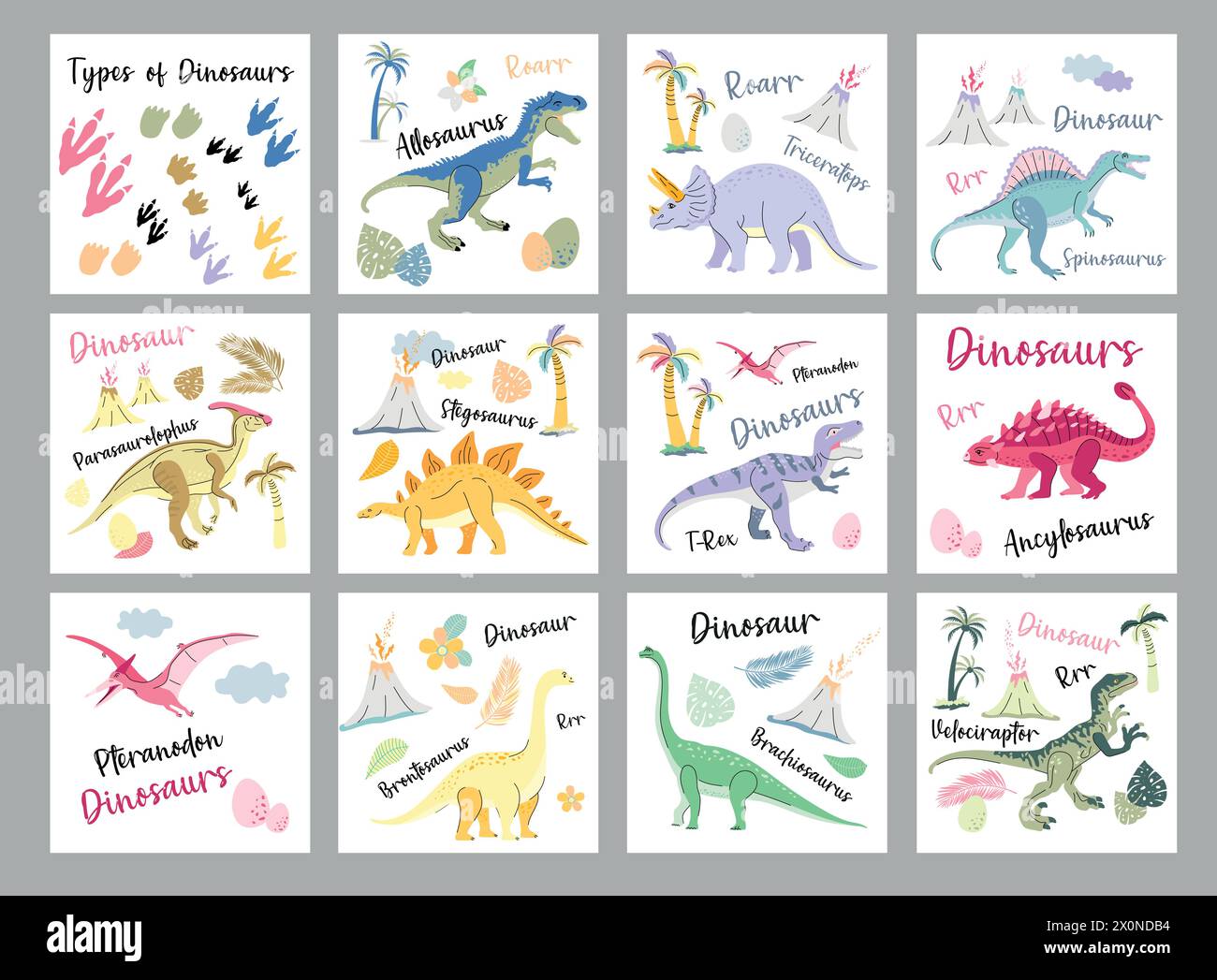 Benner card dinosaur color set. Vector dinosaurs on white background ...