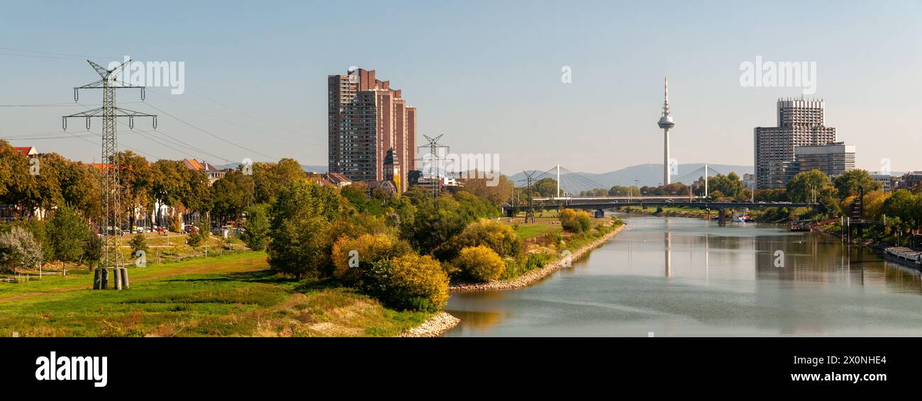Panorama of the Neckar promenade with telecommunications tower and ...