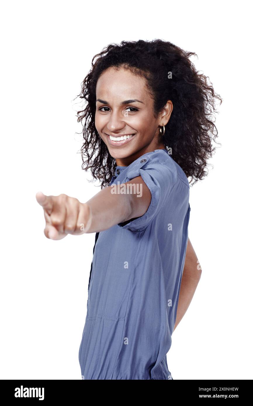 African woman, choice and pointing you to show winner, opportunity or ...