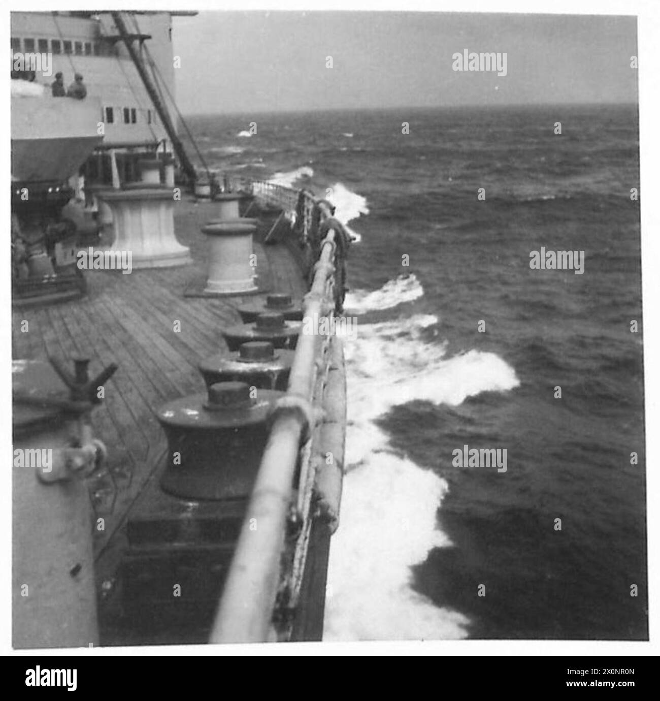 View of the troopship Queen Elizabeth, showing the bow from the stern ...